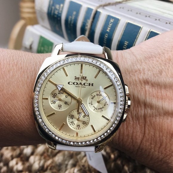 Coach | Accessories | Coach Boyfriend Leather Strap White And Gold ...